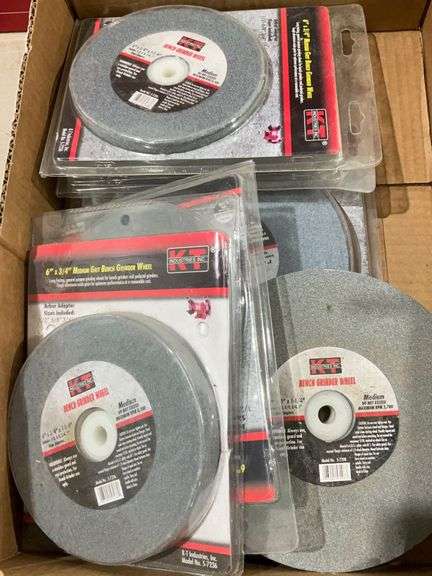 Bench grinder wheels, sizes pictured, most new in package - Hash Auctions