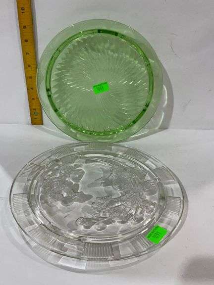 Two cake plate, clear, plus green depression glass - Hash Auctions