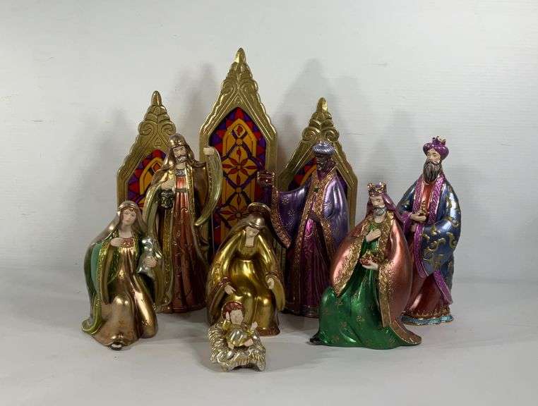 Bombay porcelain nativity scene with stained glass style backdrop ...