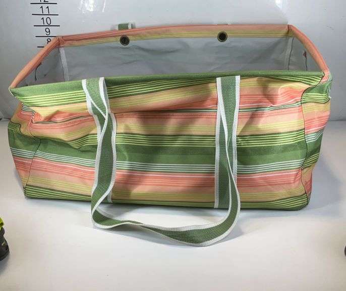 Green and Peach striped Thirty-One utility tote bag - Hash Auctions