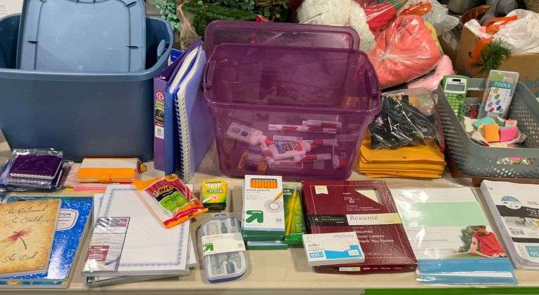Two totes with office supplies, notebooks, sheet protectors, pen holder ...