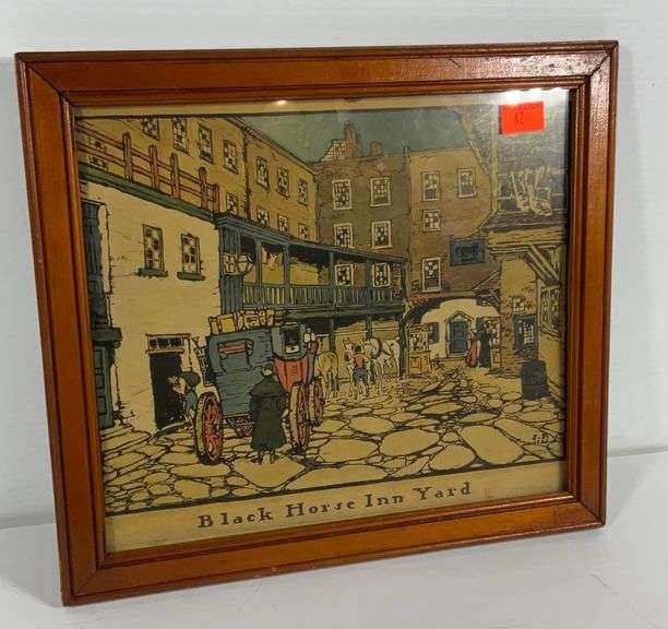“Black horse Inn yard” signed art 16”wide x 14”tall - Hash Auctions