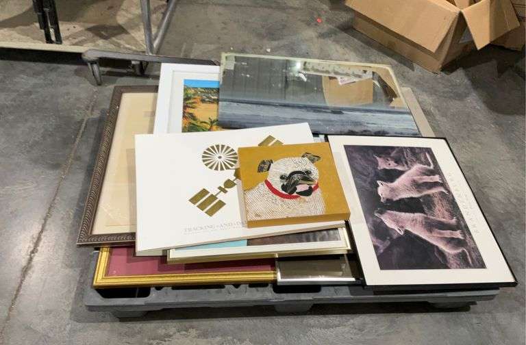 Skid lot of artwork, mostly framed, some landscape paints, canvas ...