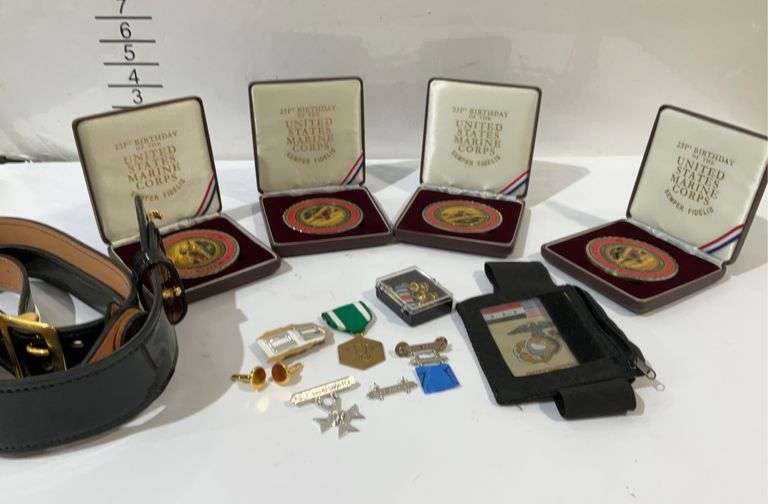 Four 231ST BIRTHDAY OF THE UNITED STATES MARINE CORPS medallions, belt ...