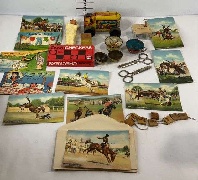 Bull /bronc riding postcards, checkers, tin cups two are the Ohio Art ...