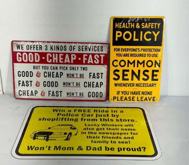Three metal signs, largest measures 18x12 - Hash Auctions