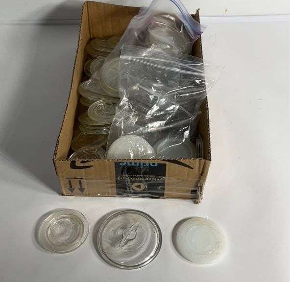 Glass jar lids, clear glass and milk glass - Hash Auctions