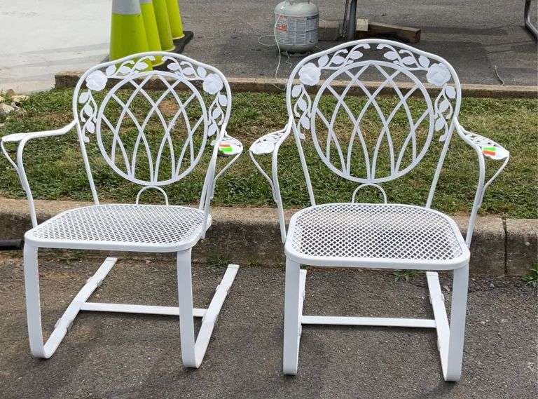 Pair of Nice Wrought Iron Chairs, spring rocker style, white color and ...