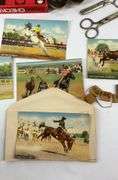 Bull /bronc riding postcards, checkers, tin cups two are the Ohio Art ...