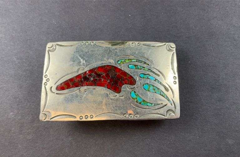 Coral And Turquoise Silver Belt Buckle By Franklin G. Yazzie 30 grams ...