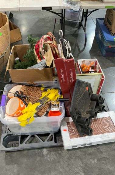 Pallet lot, includes holiday decor, broken picture, totes with missing ...