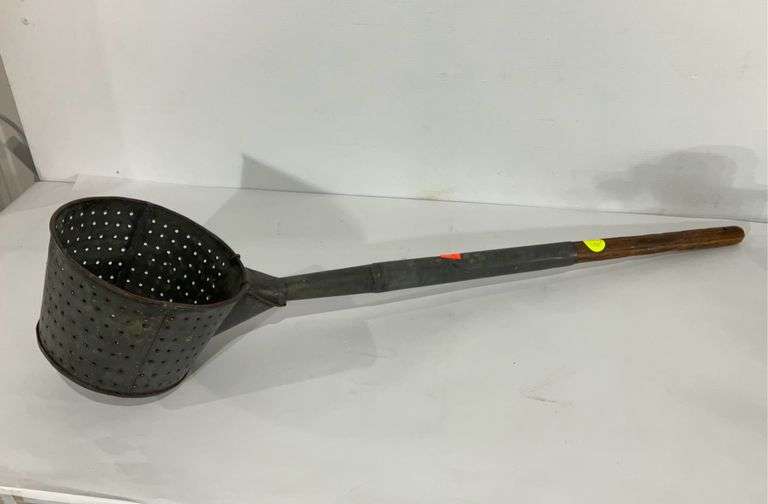 Primitive straining ladle, 46in long - Hash Auctions