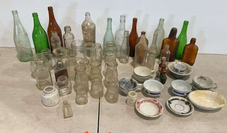 Glass group, colored and clear, some chippy, stained ceramic wares ...
