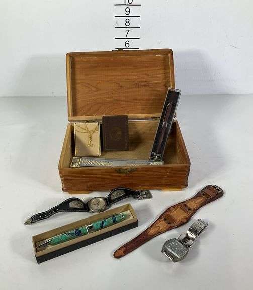 Wood carved nic nac box with pens, watches, ect - Hash Auctions