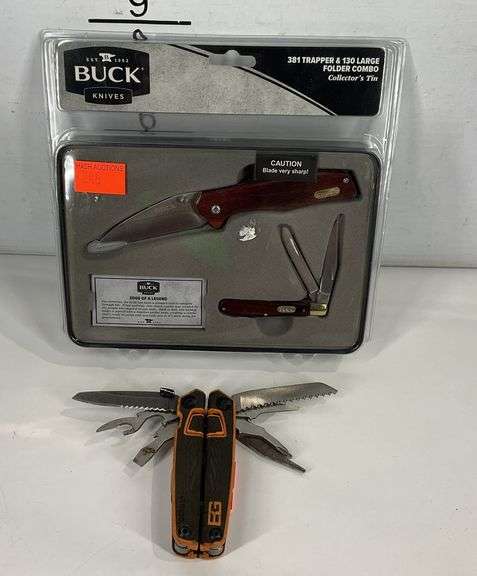 Buck knives 381 trapper and 130 large folder combo collectors tin knife ...