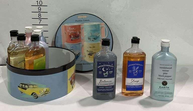 Aromatherapy and other body wash in a Pontiac box. - Hash Auctions