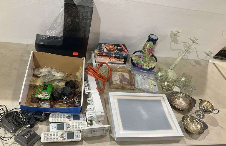Home decor group, includes silver plate shells, old phones,handled vase ...