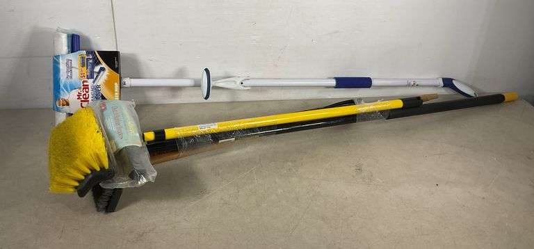 Brooms, rubber broom, Mr. Clean magic eraser mop, and car windshield ...