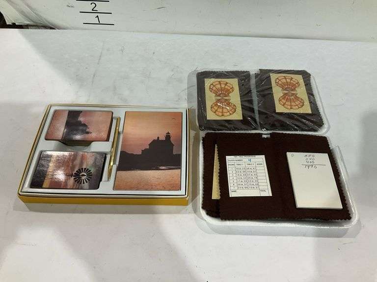 Two table progressive notepad sets and a card set with bridge score ...