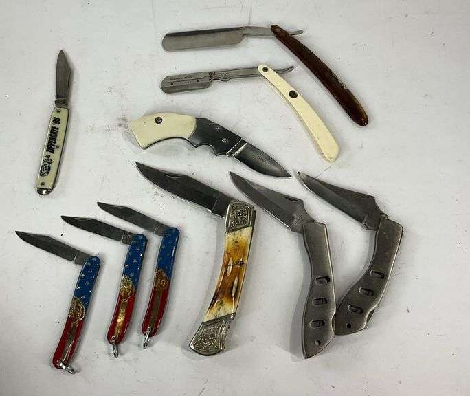 8 pocket knives and two straight razors, includes Tomahawk XL-218 ...