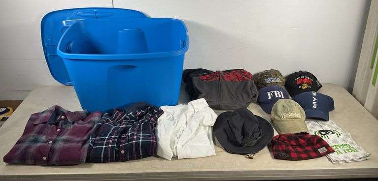 Tote of miscellaneous clothes, various sizes, some wear, hats (marines ...