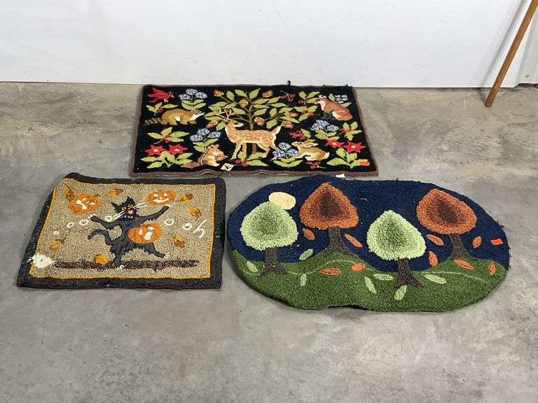 Three hook rugs/welcome mats, woodland animals, trees, Halloween cat ...