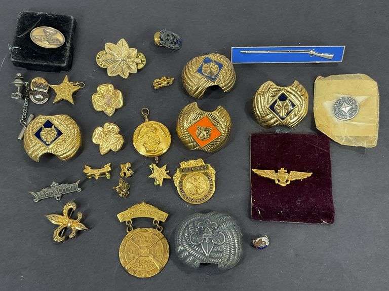 Military pins, NRA sharp shooter medallion, and Boy Scouts rank slides ...
