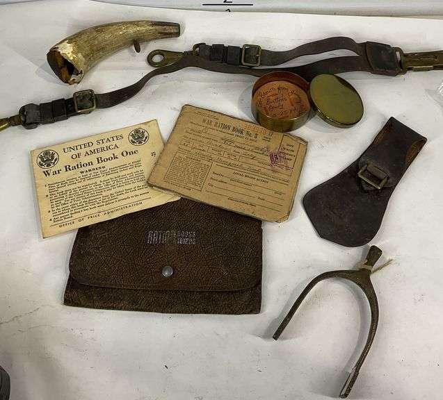 U.S. war ration book, part to powder horn, round brass container, and ...