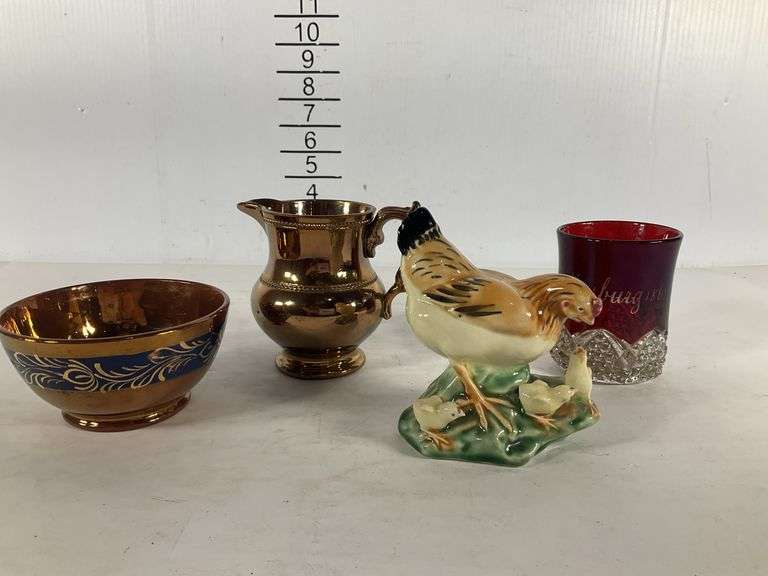 Lusterware bowl, mini pitcher, glass etched “Gettysburg 1863”, and a ...