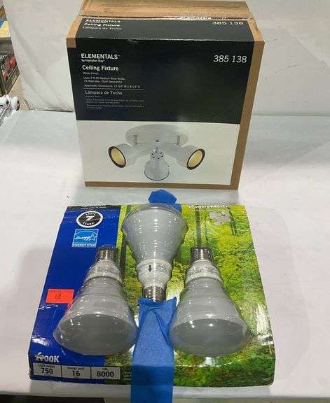 White finish ceiling fixture and three CFL light bulbs. - Hash Auctions