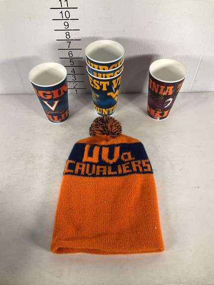 UVA Cavaliers hat and cup, three WV Mountaineer cups, and a Virginia ...