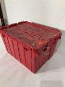 Plastic storage tote with interlocking lid, red - Hash Auctions