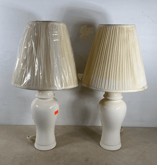 Pair of white ceramic table lamps with shades, some staining, 27” tall ...