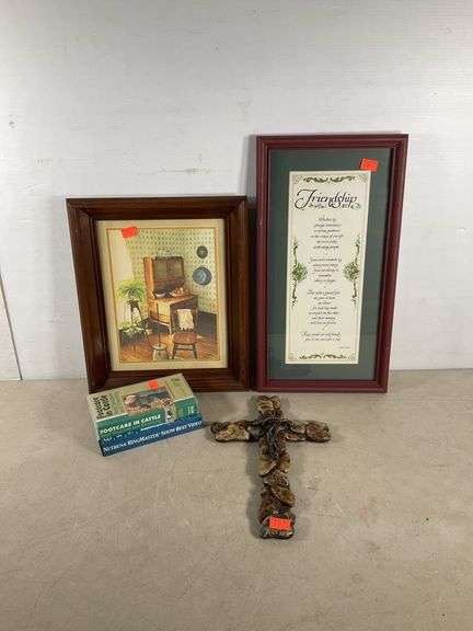 Resin wall hanging cross, show cattle VHS tapes, framed kitchen print ...