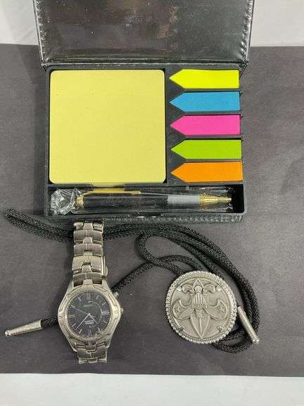 Bolo tie, seiko wrist watch, and desk post it note set - Hash Auctions