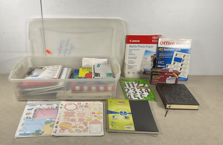 Tote with office supplies, matte photo paper, binders, envelopes, etc ...