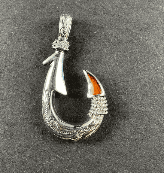 KOA Wood Hawaiian Fish Hook Pendant 6.9 grams Sterling Silver - Hash ...