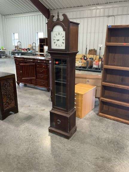 Grandfather clock, casing, battery operated clock, three poly shelves, 74”H - Hash Auctions