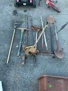 Long handle tool lot, shovels, digging irons, pick axe, rakes - Hash ...