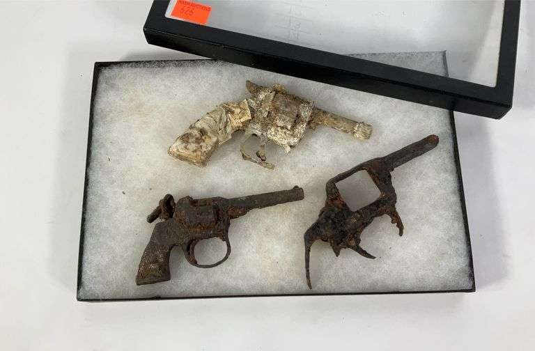 Rusty gun relics in case. - Hash Auctions