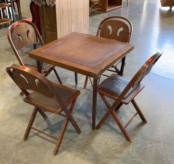 Vintage folding wood card table with 4 chairs 30”x30” - Hash Auctions