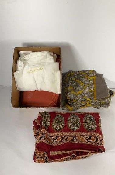 Miscellaneous linens. Includes white curtains, pillowcases, and more ...