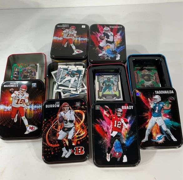 Football card tins. Tom Brady, Pat Mahomes,DAK Prescott some with cards ...