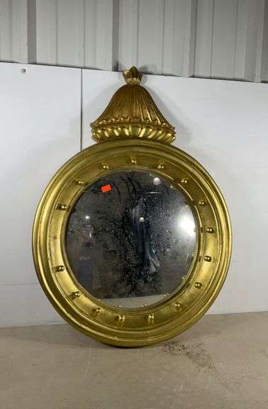Oversized gilt wood framed convex glass bullseye mirror, missing one ...