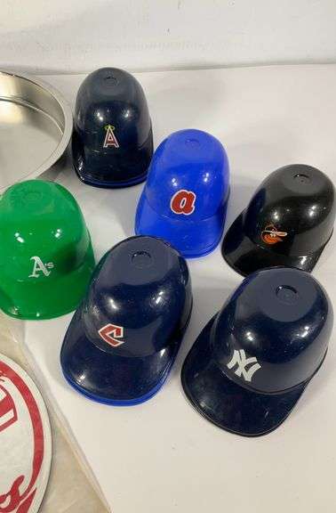 Small plastic baseball mini helmets, 2 revere ware stainless steel pans ...