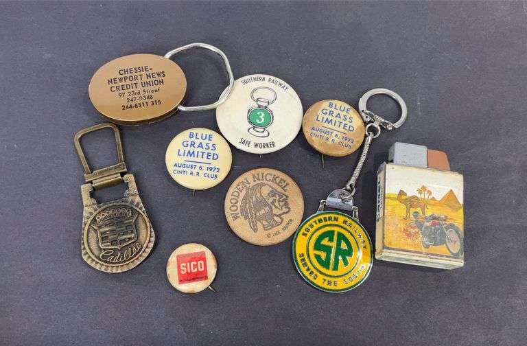 Vintage advertising keychains, lighter,and buttons includes Southern ...