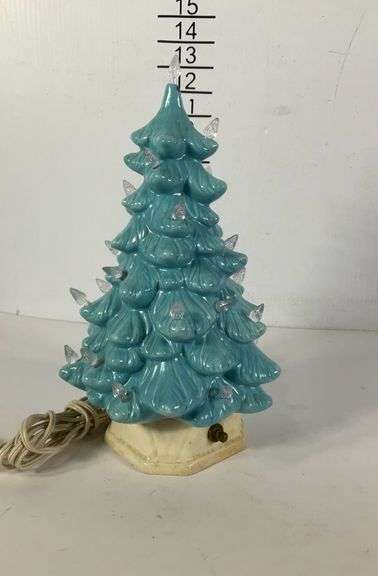 Vintage ceramic painted blue Christmas tree. Small chip at the top as ...