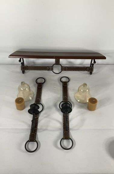 23x6in Western theme wall shelf with matching wall sconces - Hash Auctions