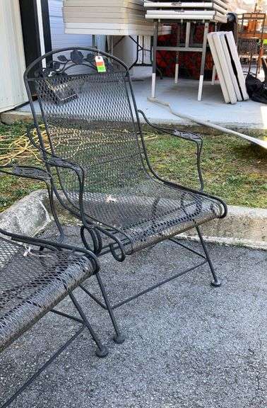 Pair of wrought iron spring rocking chairs, mesh backing/bottom, floral ...