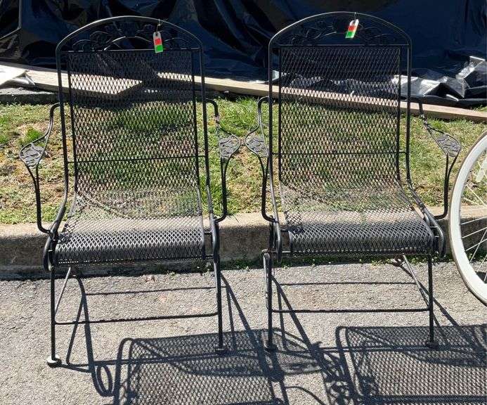 Pair of wrought iron spring rocking chairs, mesh backing/bottom, floral ...